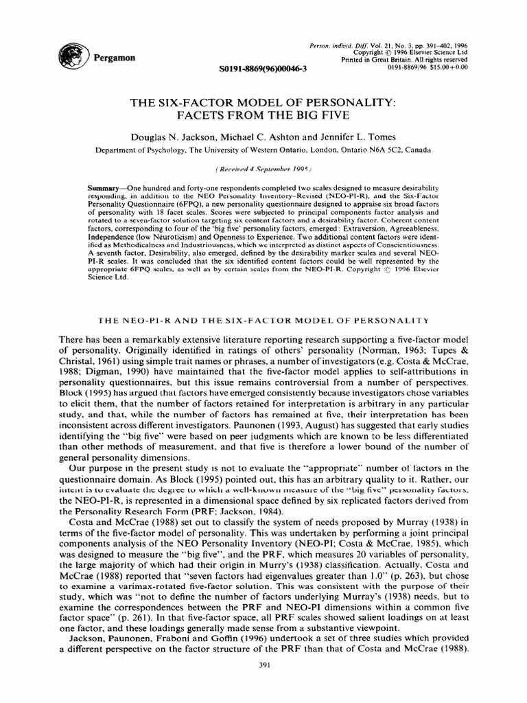 The Six-Factor Model of Personality: Facets From The Big Five | PDF ...