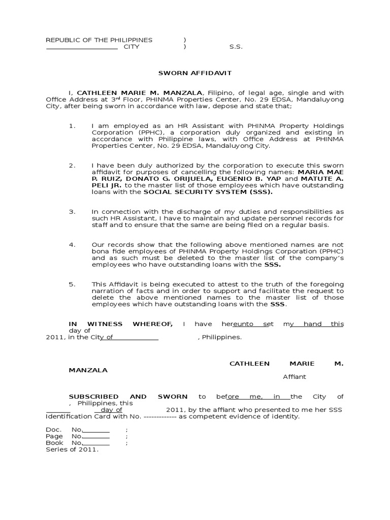 Sworn Affidavit Sample | PDF