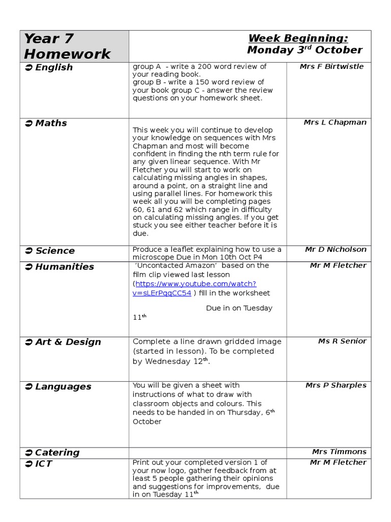 Homework Year 7 | PDF
