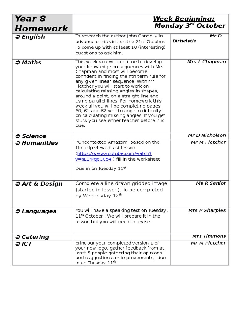 Homework Year 8 | PDF