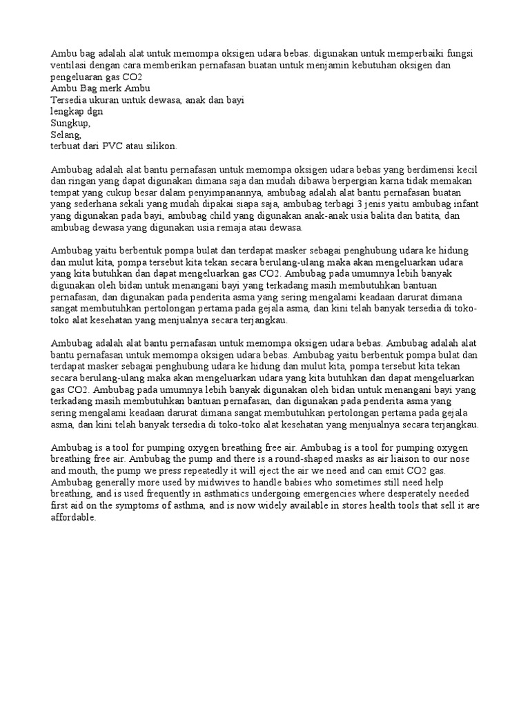 Ambu Bag Adalah Alat Untuk Memompa Oksigen Udara Bebas | PDF