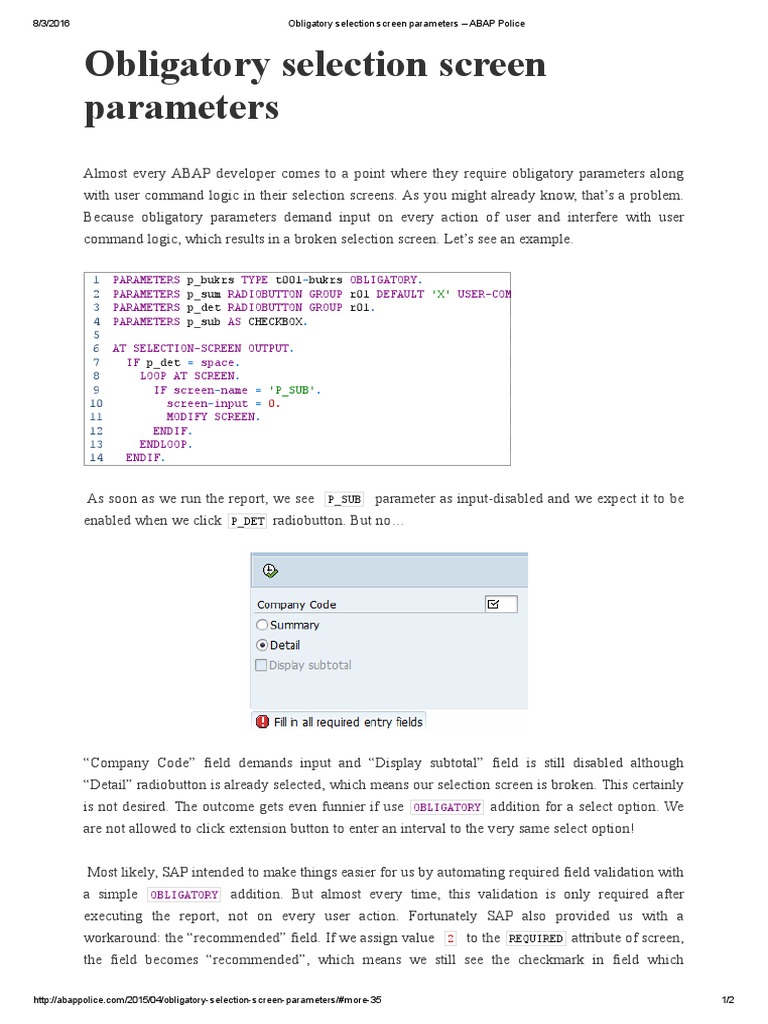 Obligatory Selection Screen Parameters - ABAP Police | PDF | Parameter (Computer Programming ...