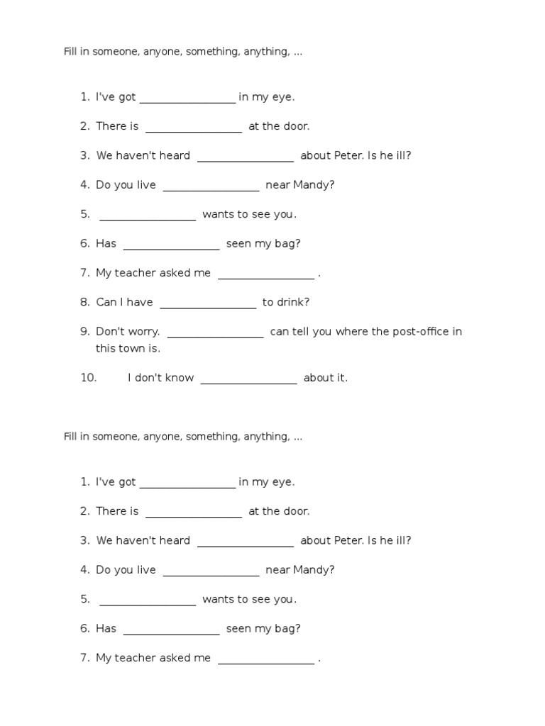 Indefinite Pronouns Fill-in Exercises | PDF