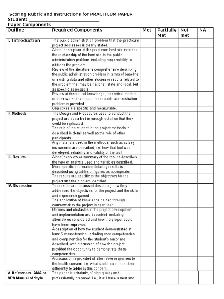 Scoring Rubric and Instructions For PRACTICUM PAPER Student: - Paper ...