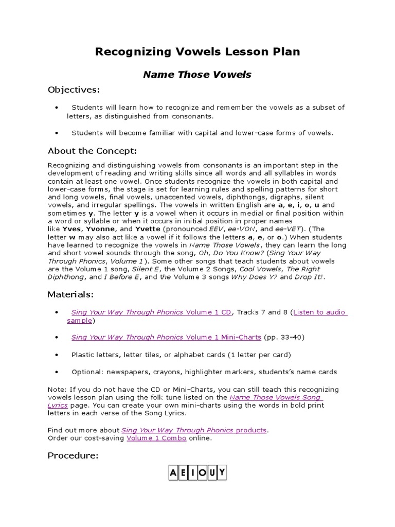 Recognizing Vowels Lesson Plan | PDF | Singing | Vowel