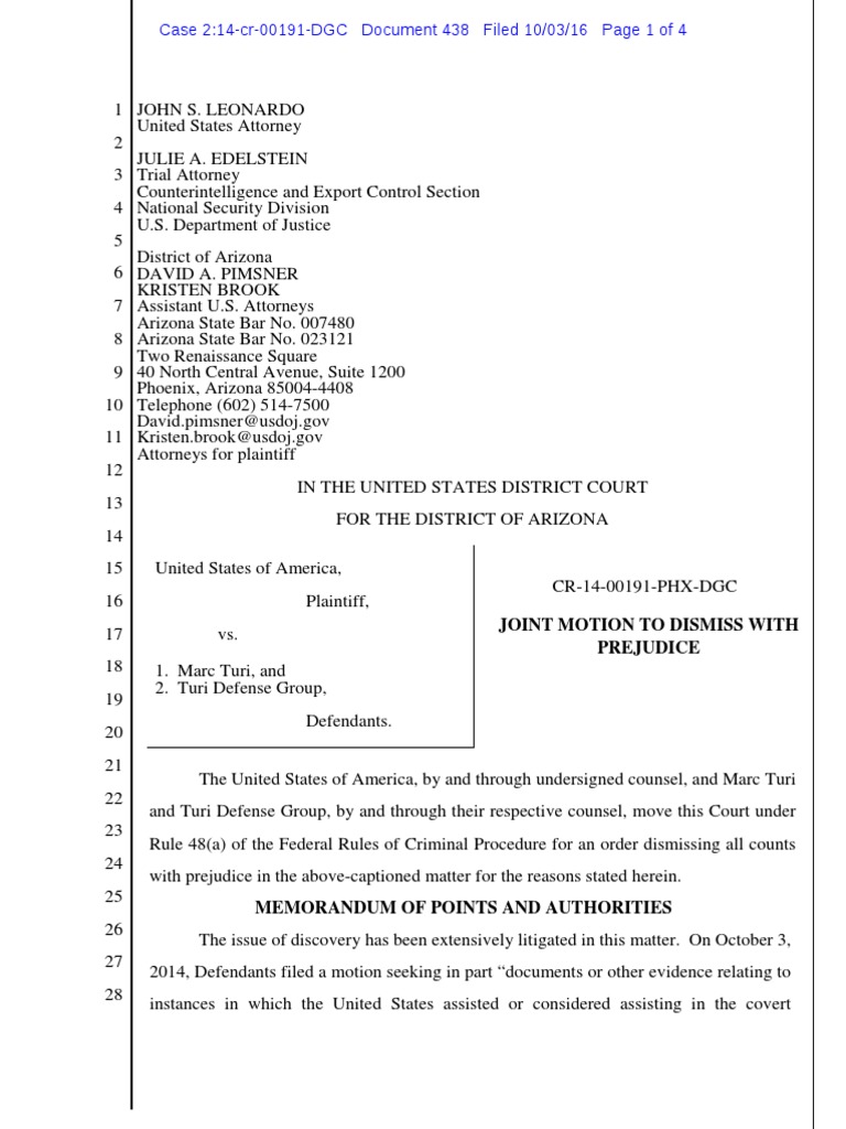 Joint Motion to Dismiss Case CR-14-00191 | PDF | Prejudice (Legal Term) | Discovery (Law)