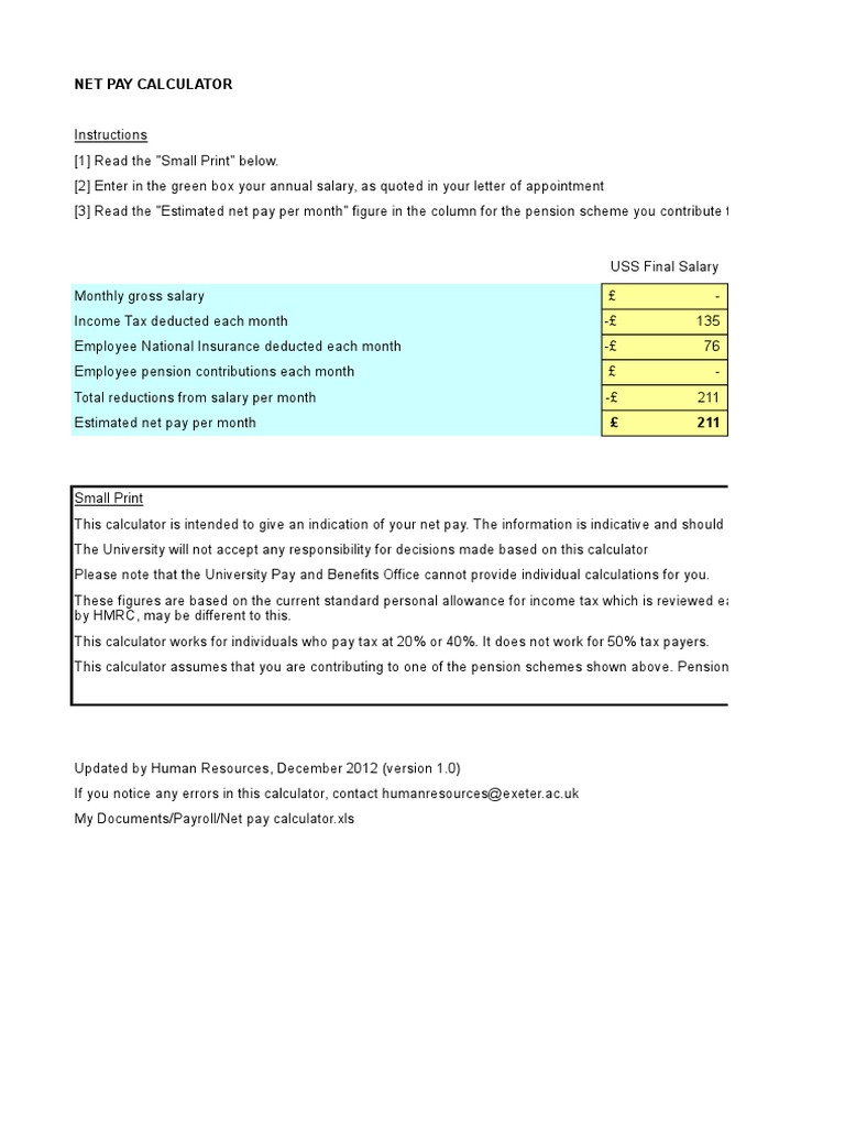 Net Pay Calculator: The "NIC" and "Income Tax" Tabs Are For Calculation ...