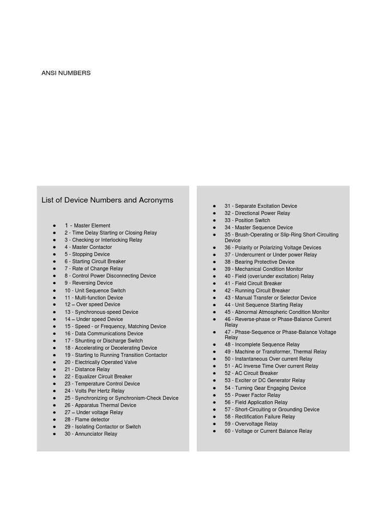 ANSI Numbers Protection and Control | PDF | Relay | Switch