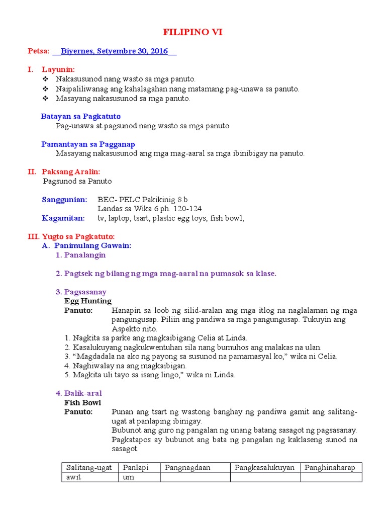 Pagsunod Sa Panuto (Banghay Aralin | PDF