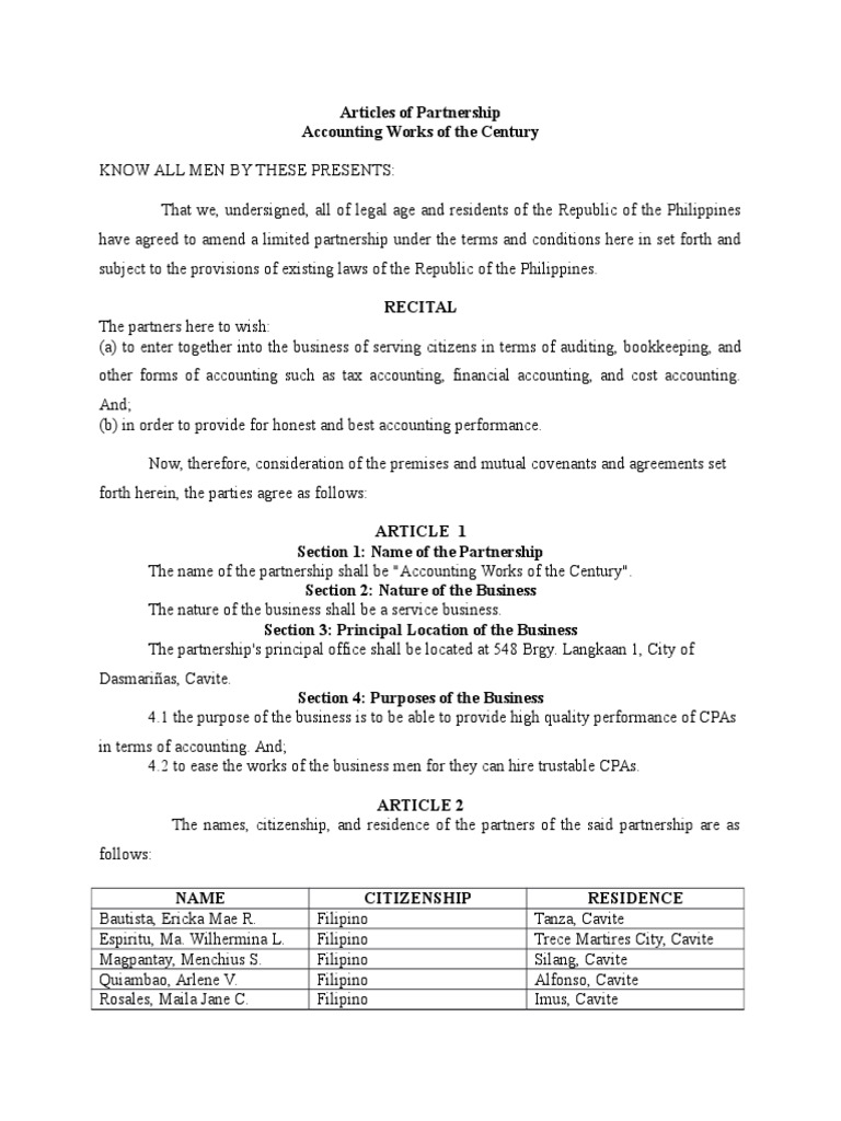 Articles of Partnership | PDF | Partnership | Citizenship