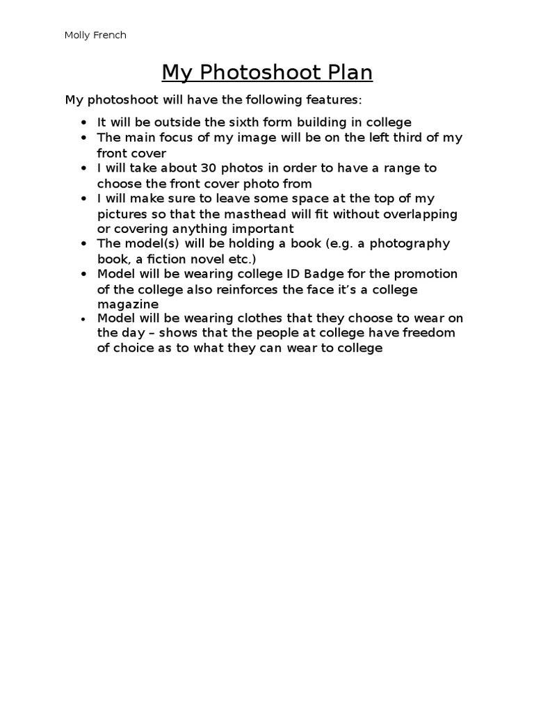 My Photoshoot Plan: Molly French | PDF