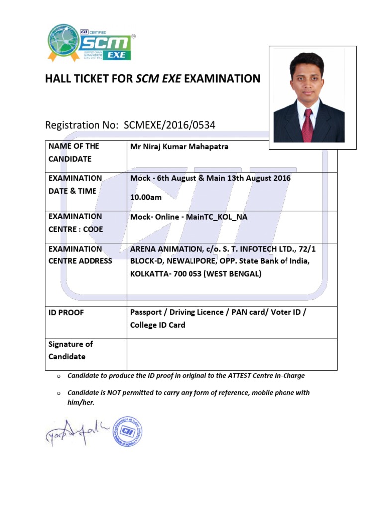Hall Ticket For SCM Exe Examination: Registration No: SCMEXE/2016/0534 ...