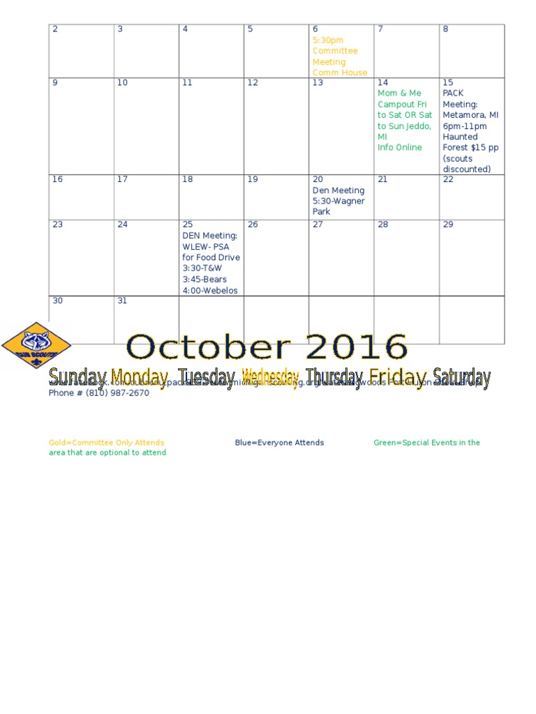 Cub Scouts Calendar October 2016 | PDF
