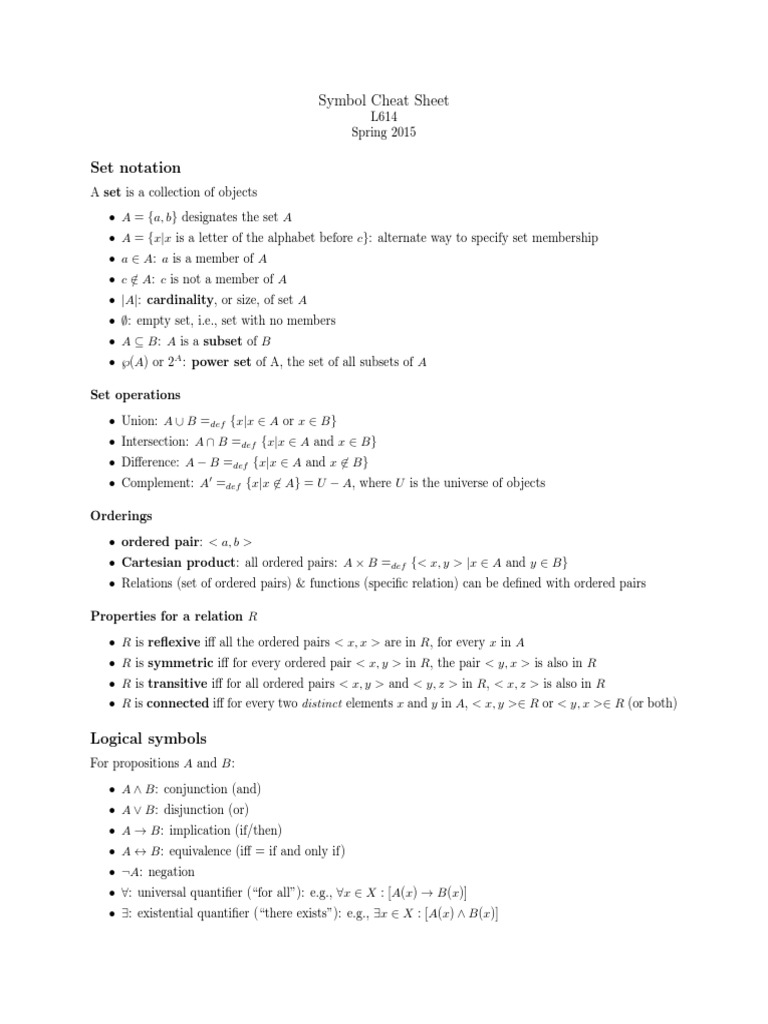 Symbol Cheat Sheet for Sets, Logic, and Relations | PDF