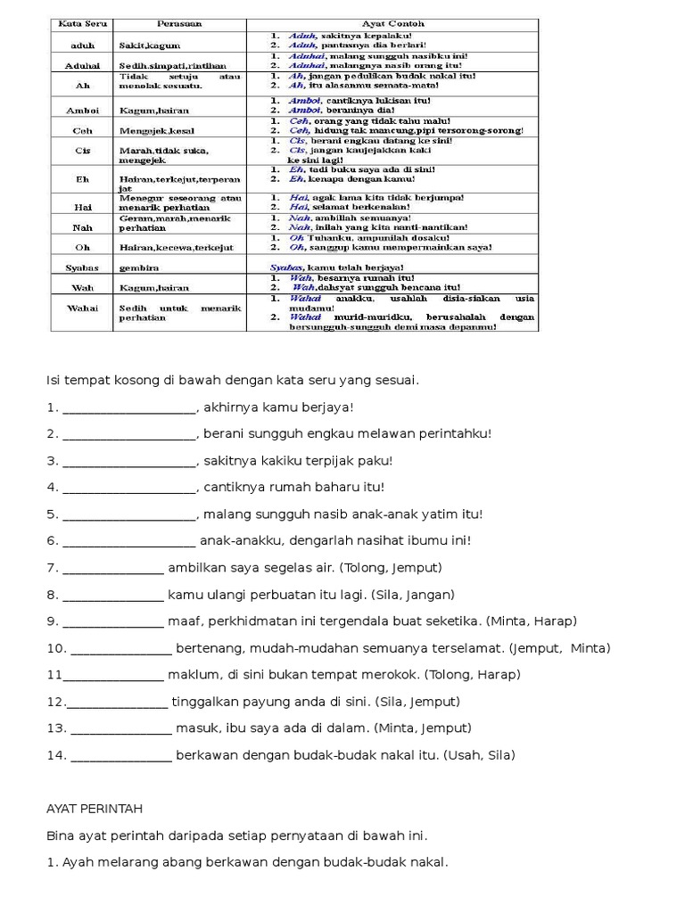 Kata Perintah dan Seruan dalam Bahasa Melayu | PDF