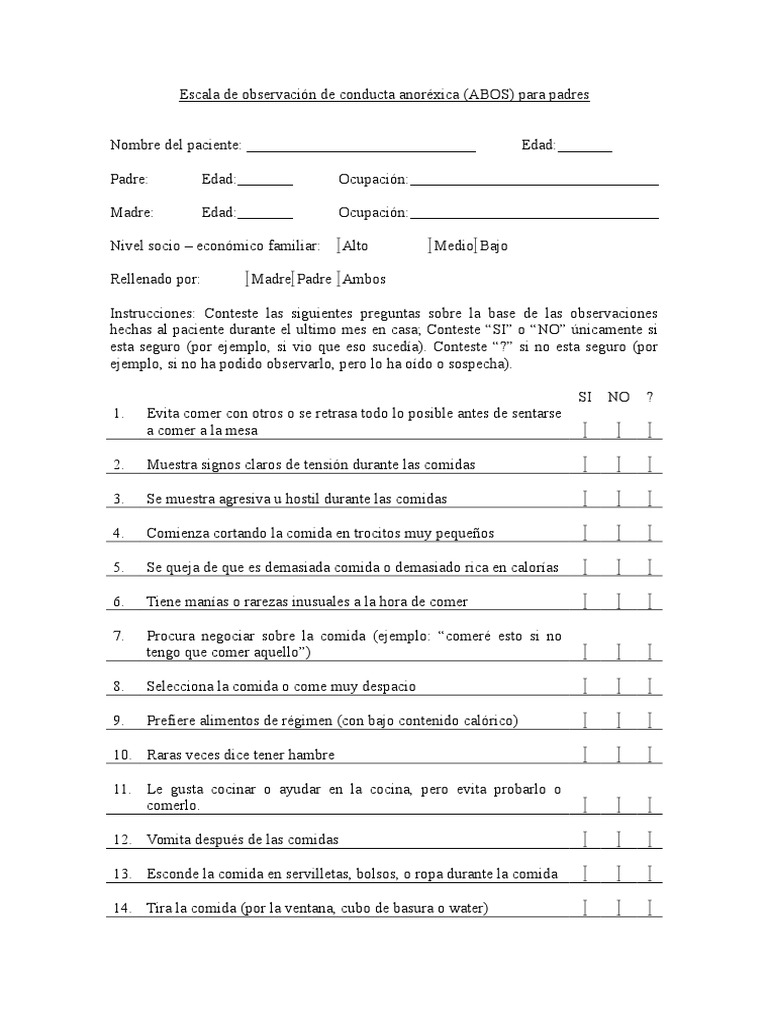 ABOS - Escala de Observación de Conducta Anoréxica | PDF | Agitación ... ABOS - Escala de Observación de Conducta Anoréxica | PDF | Agitación ...