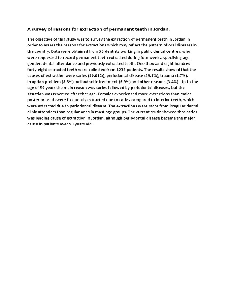 A Survey of Reasons For Extraction of Permanent Teeth in Jordan | PDF ...