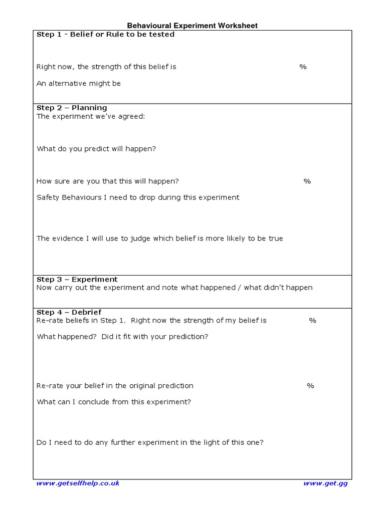 Behavioural Experiment Worksheet: Step 1 - Belief or Rule To Be Tested ...