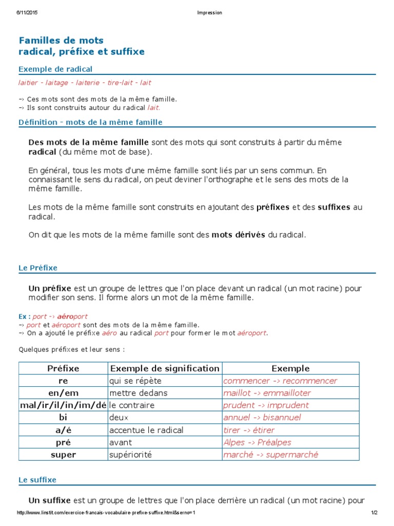 Familles de mots : Préfixes et Suffixes | PDF | Lexical semantics | Langues