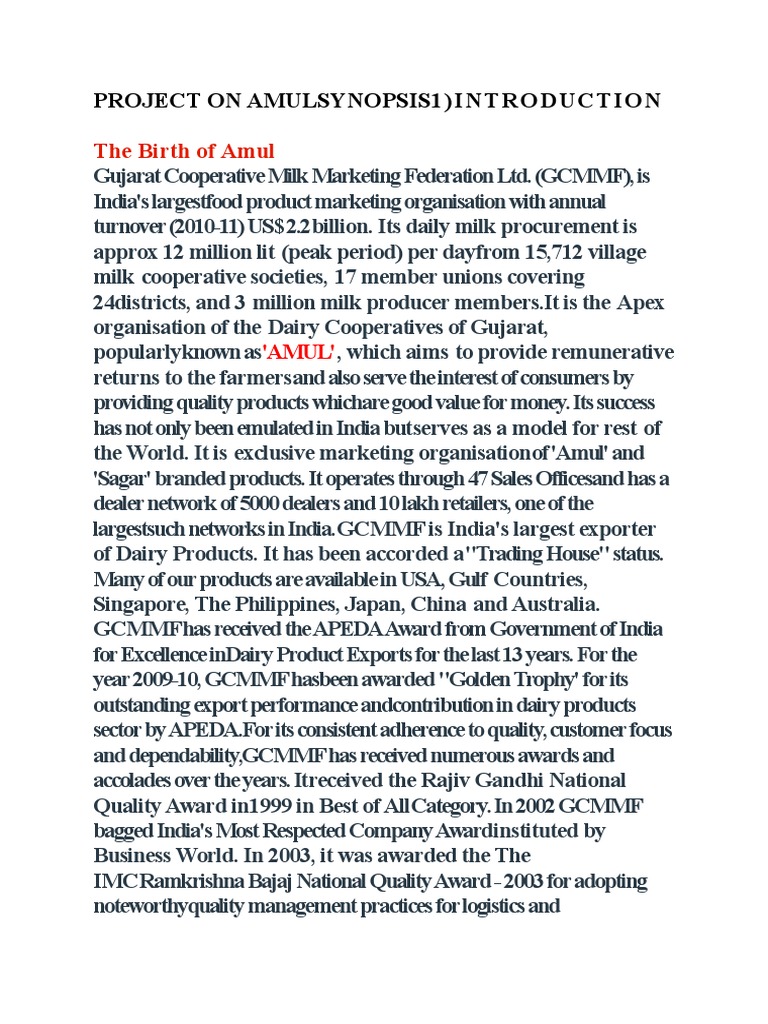 The Birth of Amul: Project On Amulsynopsis1) Introduction | PDF ...