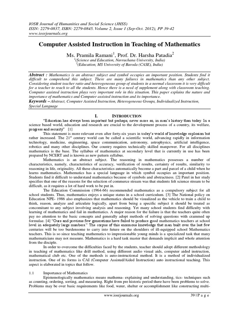 Computer Assisted Instruction in Teaching of Mathematics: Ms. Pramila Ramani, Prof. Dr. Harsha ...