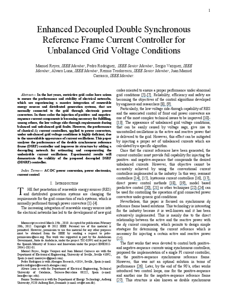 Enhanced Decoupled Double Synchronous Reference Frame Current Controller For Unbalanced Grid ...