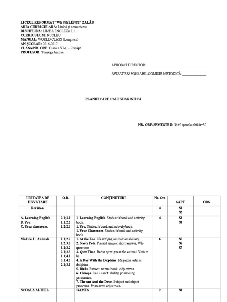 APROBAT DIRECTOR: - Avizat Responsabil Comisie Metodică | PDF | Adverb ...