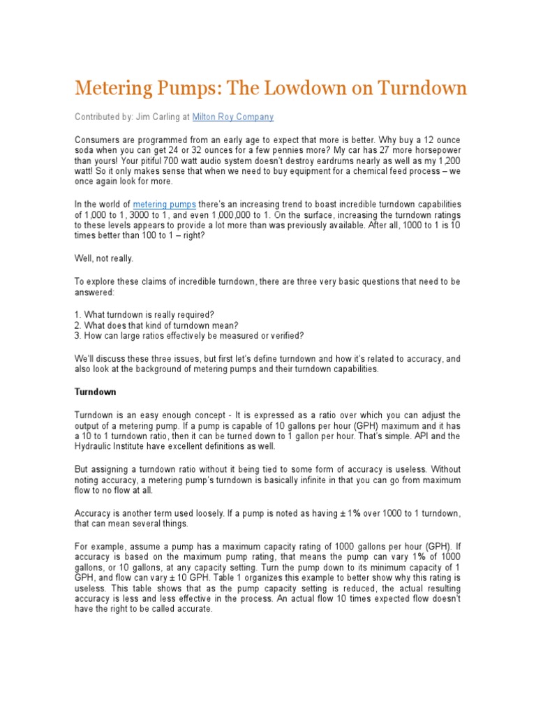 Metering Pumps - The Lowdown On Turndown | PDF | Pump | Accuracy And ...