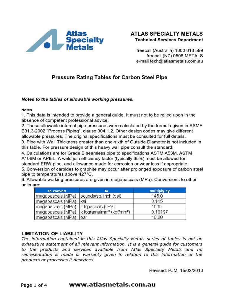 Carbon Steel Pipe Pressure Rating Chart | PDF | Pipe (Fluid Conveyance ...