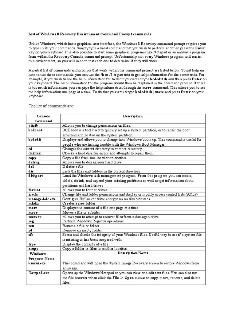 List of Windows 8 Recovery Environment Command Prompt Commands | PDF ...