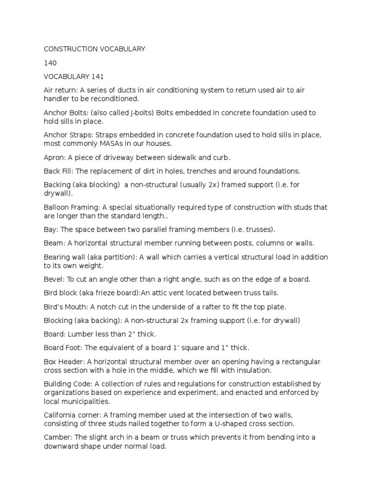 Construction Vocabulary | PDF | Framing (Construction) | Drywall
