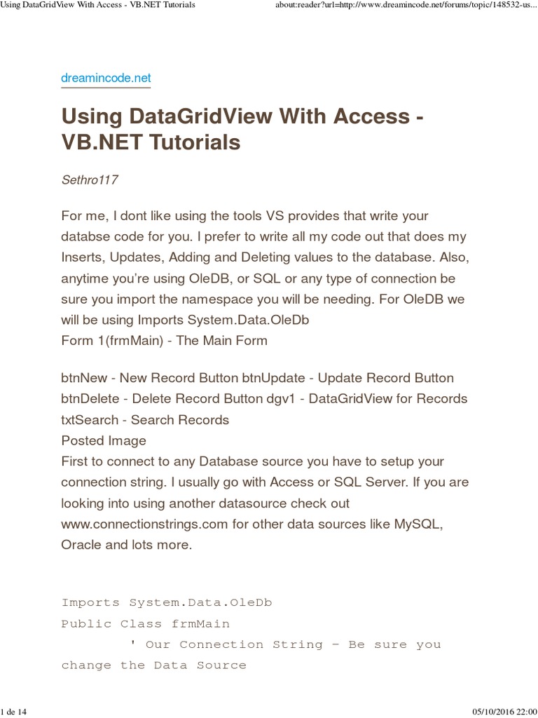 Using DataGridView With Access - VB - Net Tutorials | PDF | Sql | Databases