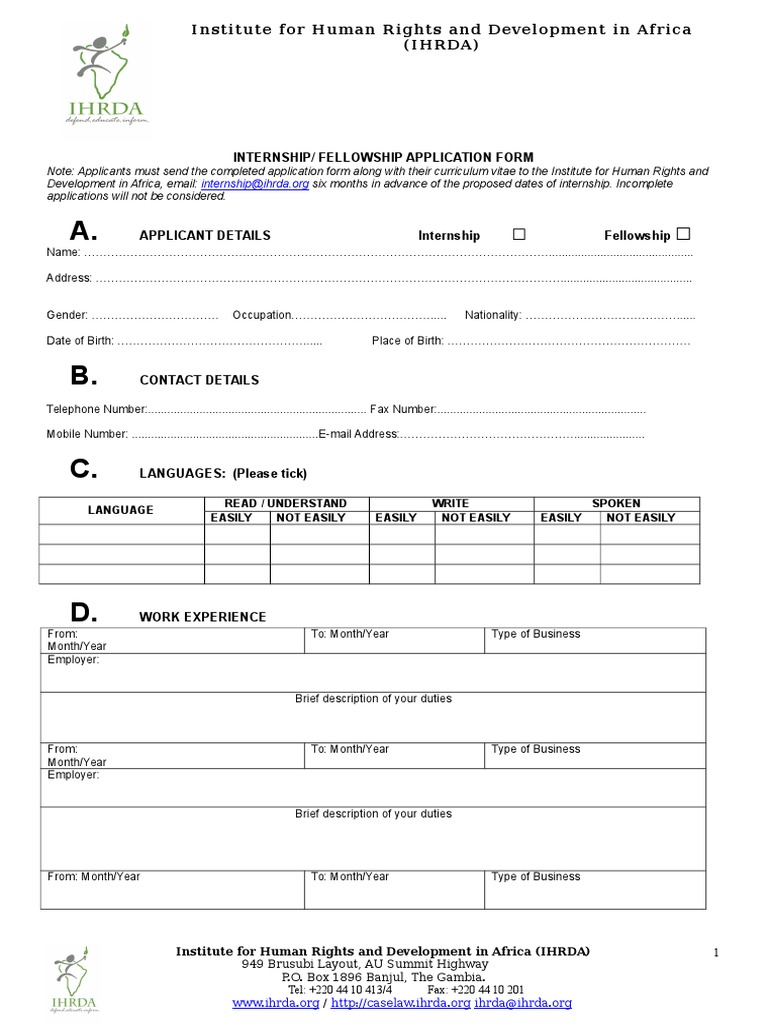 IHRDA Internship Form Edited 2011 | PDF | Business