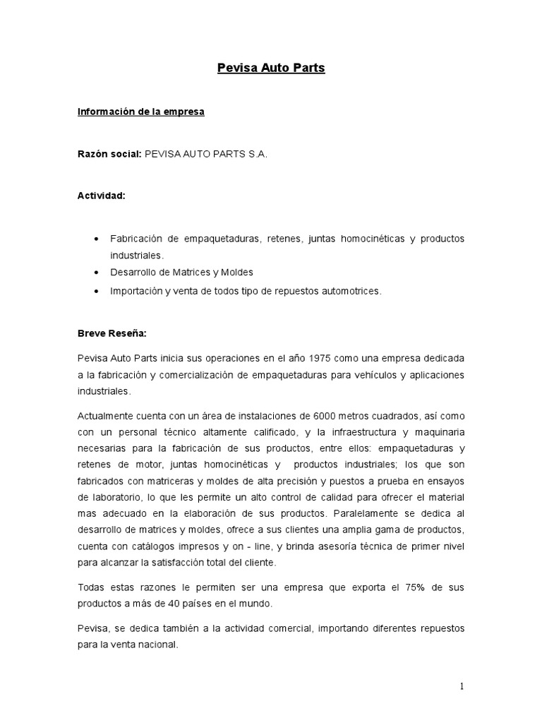 Pevisa Auto Parts: fabricante líder repuestos automotrices | PDF ...