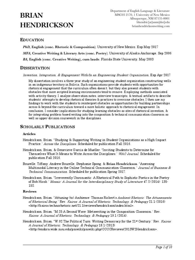 Brian Hendrickson's Academic Profile | PDF | Rhetoric | Graduate School