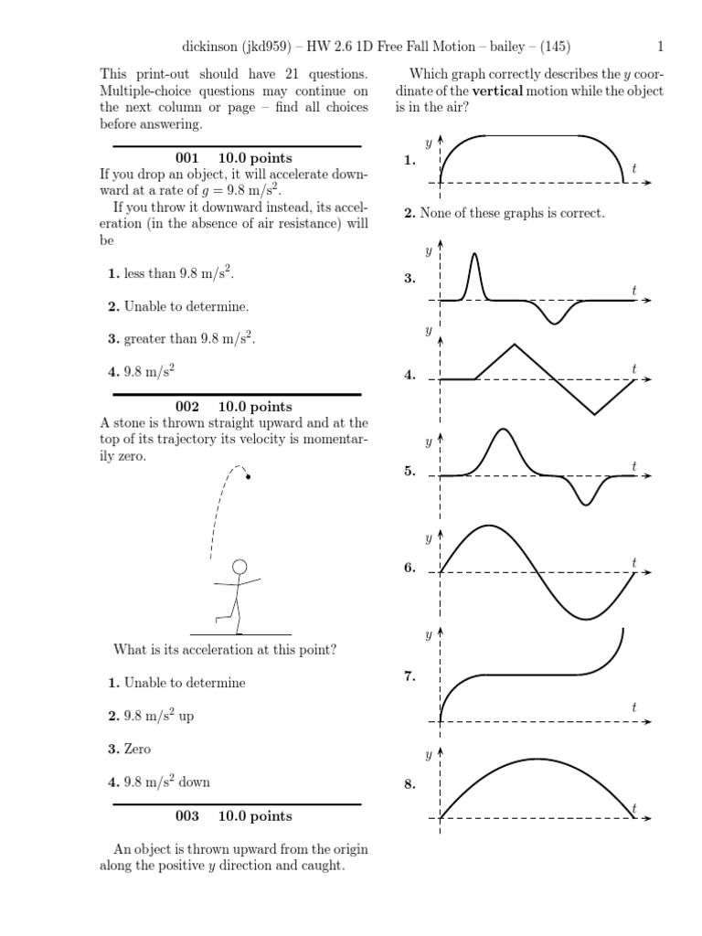 HW 2.6 1D Free Fall Motion-Problems PDF | PDF | Acceleration | Gravity