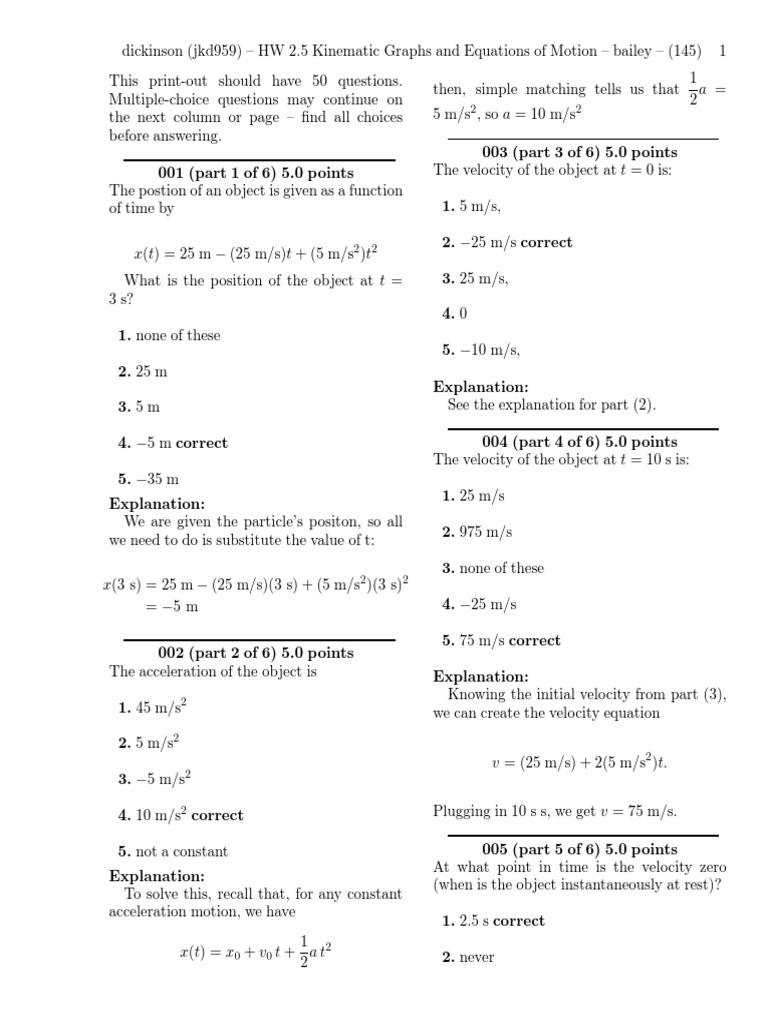 Hw 2 5 Kinematic Graphs And Equations Of Motion Solutions Pdf Pdf