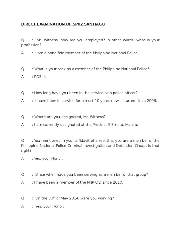 Direct-Cross Examination (Arresting Officer) | PDF | Legal Action ...