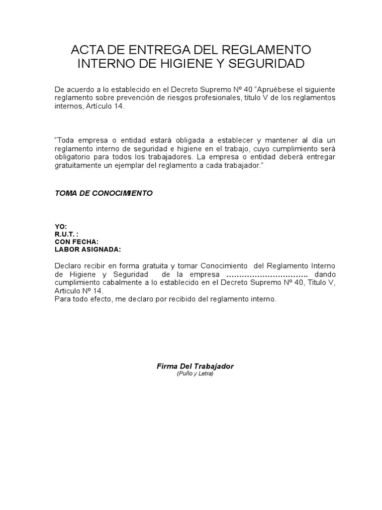 Acta de Entrega Del Reglamento Interno y Das | PDF