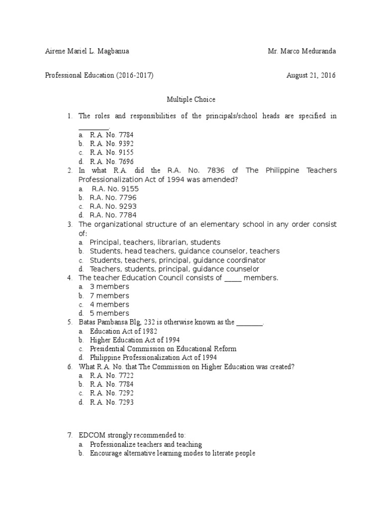Philippine Education Laws Multiple Choice Test | PDF | Teachers ...