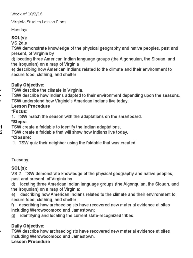 Va Studies Lessons Week of 10.2.16 | PDF | Native Americans In The ...