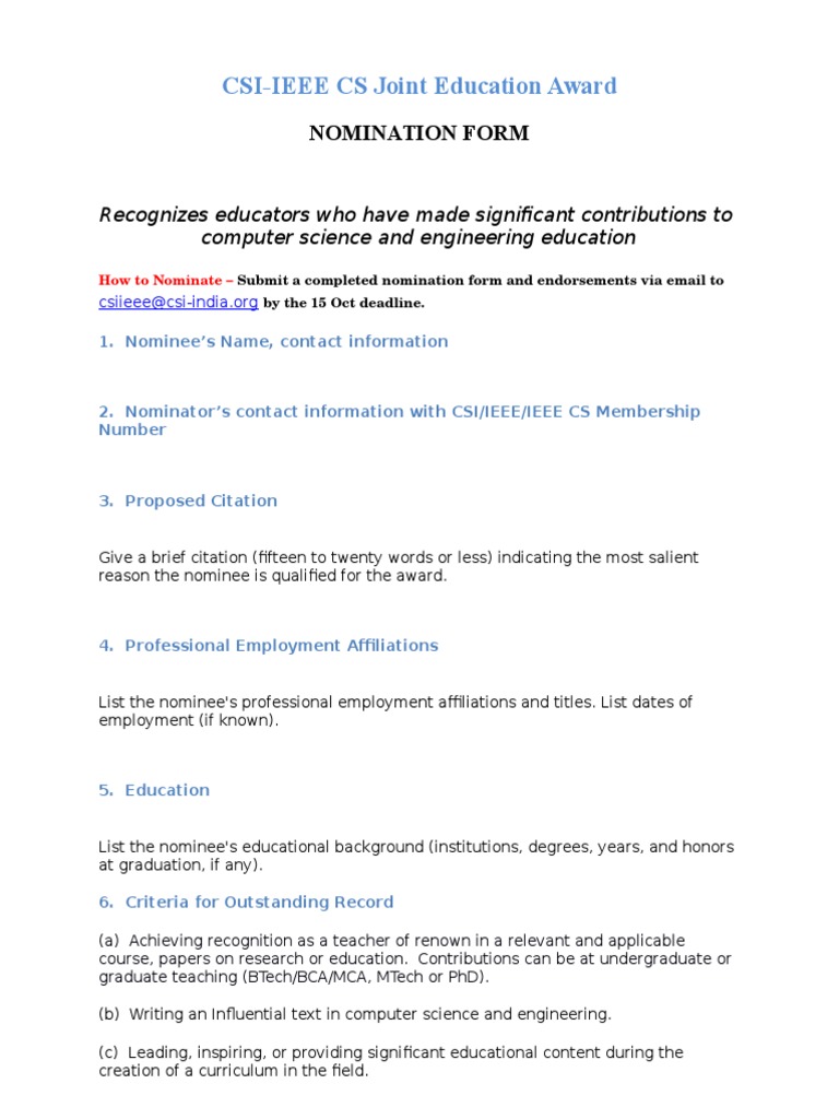 Nomination Form For CSI-IEEE CS Joint Education Award | PDF