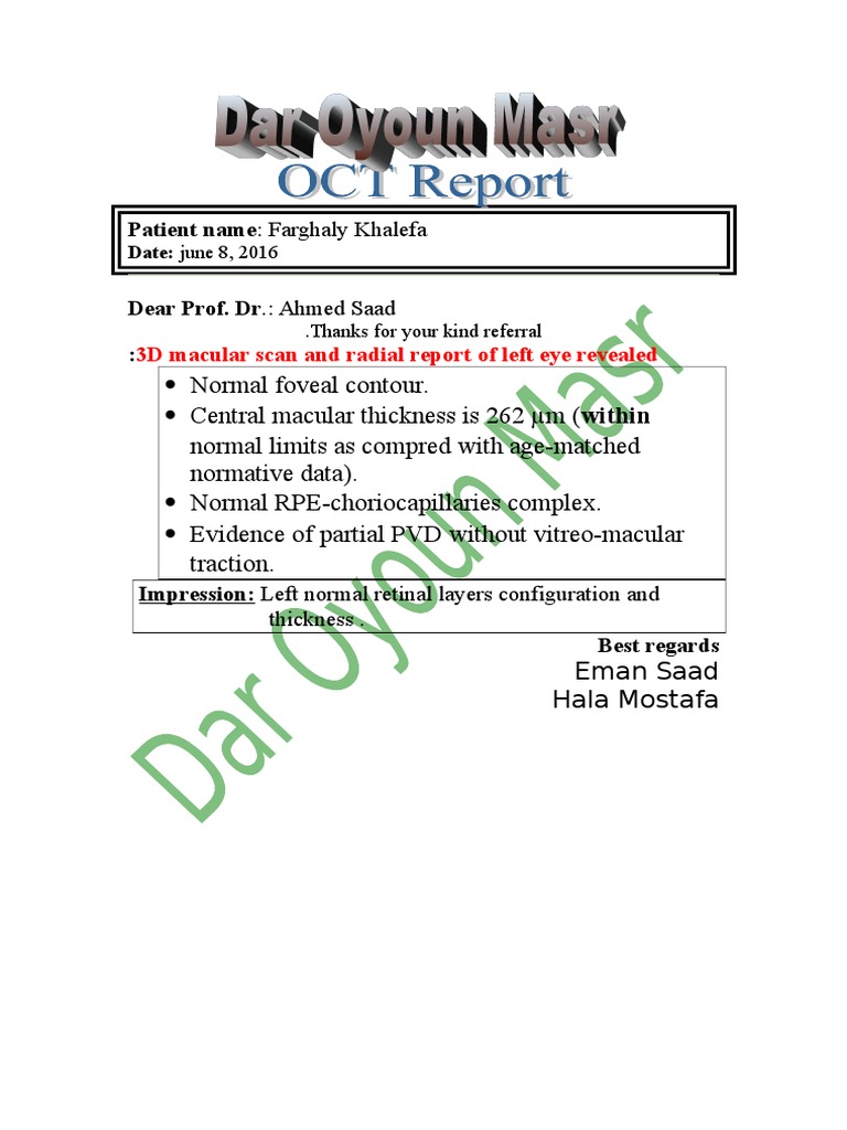 Patient Name: Farghaly Khalefa: 3D Macular Scan and Radial Report of Left Eye Revealed | PDF