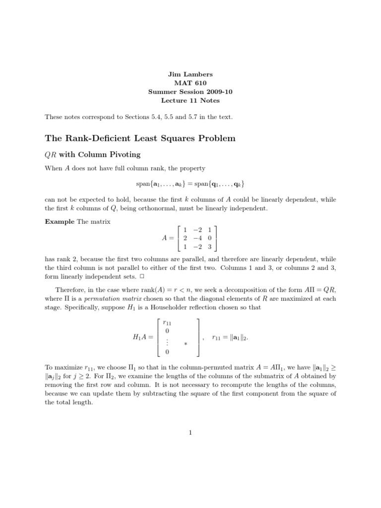 The Rank-Deficient Least Squares Problem: With Column Pivoting | PDF | Matrix (Mathematics ...
