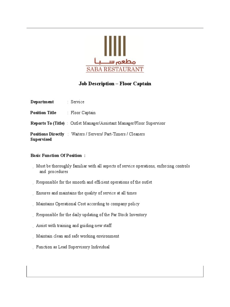 04.floor Captain JD | PDF | Waiting Staff | Restaurant And Catering