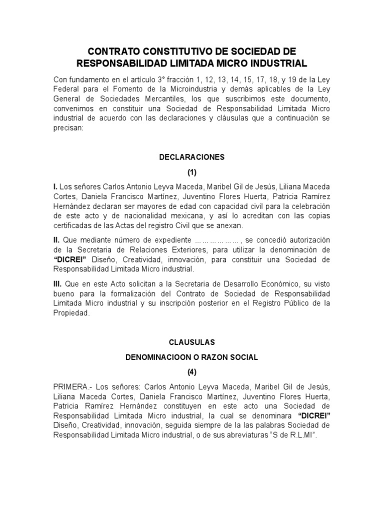 Contrato Constitutivo de Sociedad de Responsabilidad Limitada Micro Industrial | PDF | Compañía ...