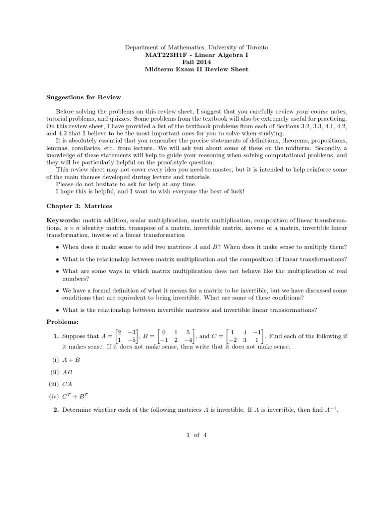 MAT223 Midterm Exam II Review Sheet | PDF | Matrix (Mathematics ...