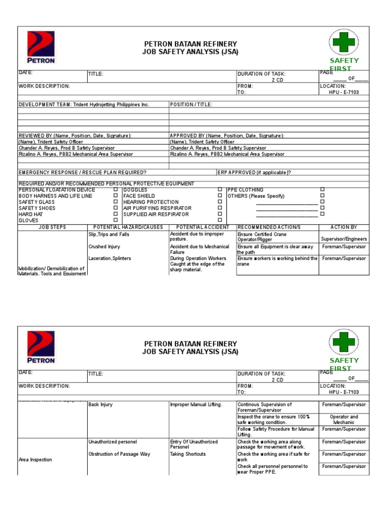 Petron Bataan Refinery Job Safety Analysis (Jsa) | PDF | Personal Protective Equipment | Equipment
