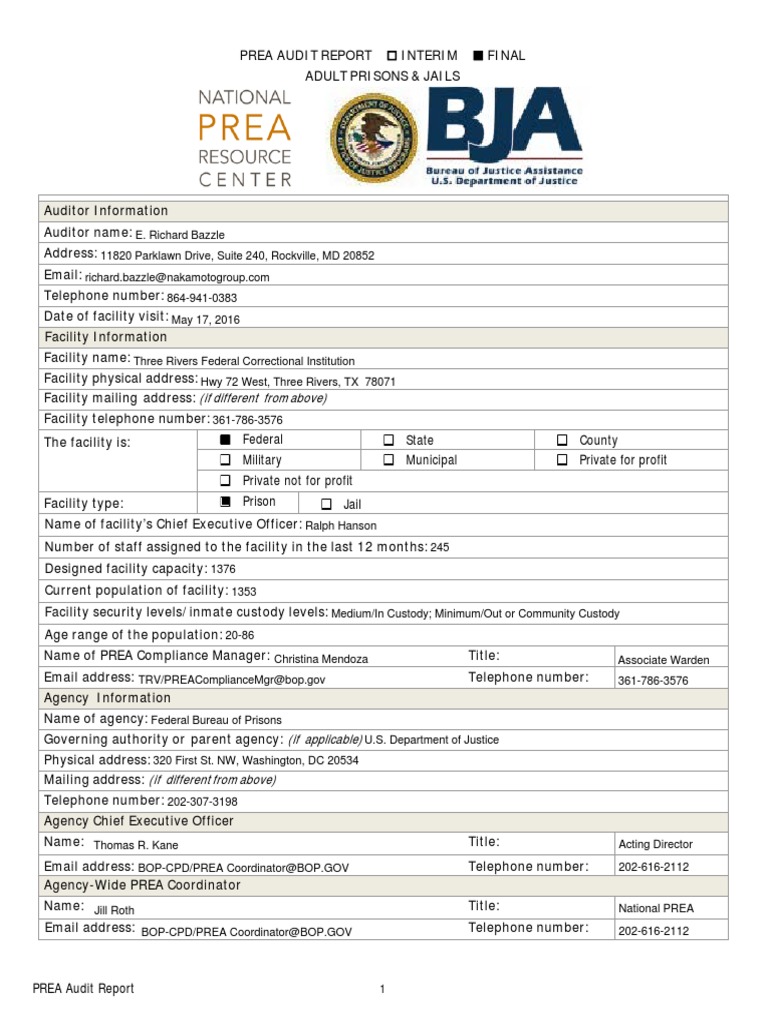 PREA Audit Report for Three Rivers FCI | PDF | Auditor's Report ...
