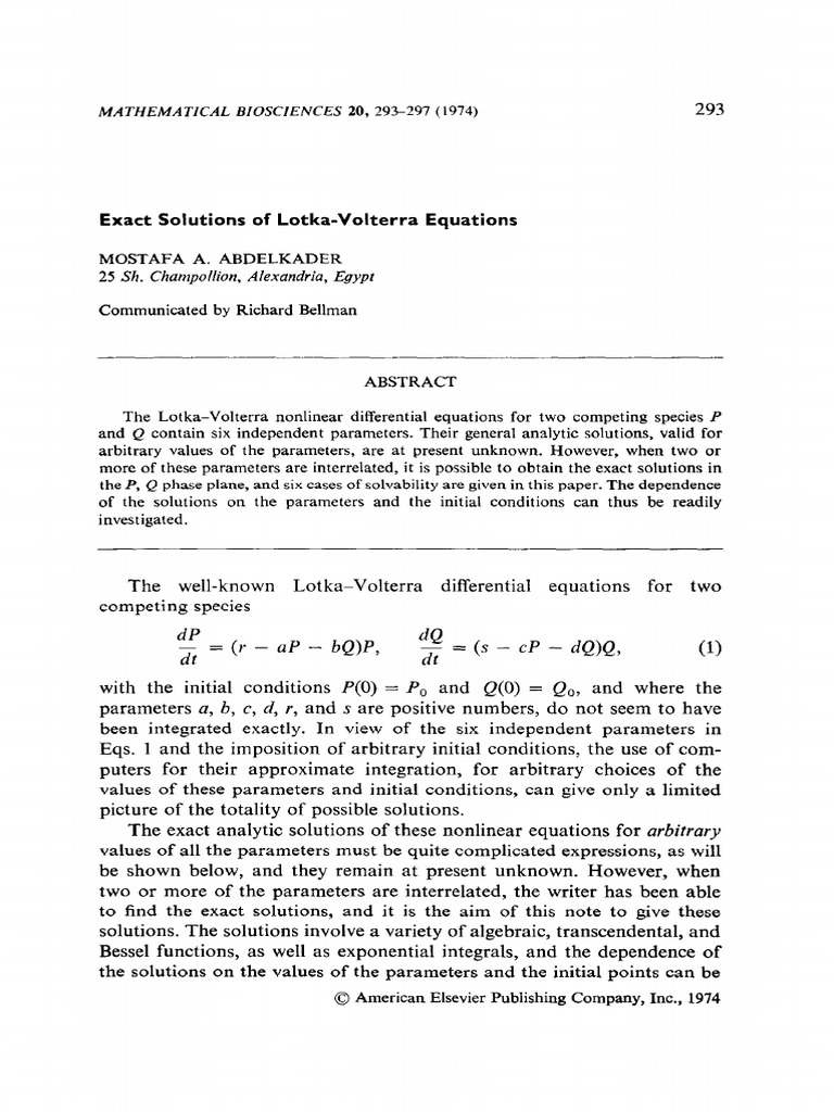 Exact Solutions of Lotka Volterra Equations | PDF | Equations | Differential Equations